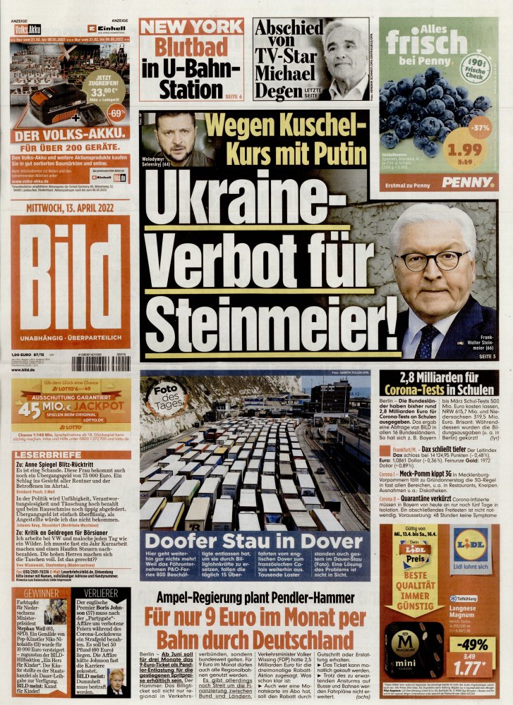 magazine Bild Zeitung - 15 Avril 2024 vendu au numéro